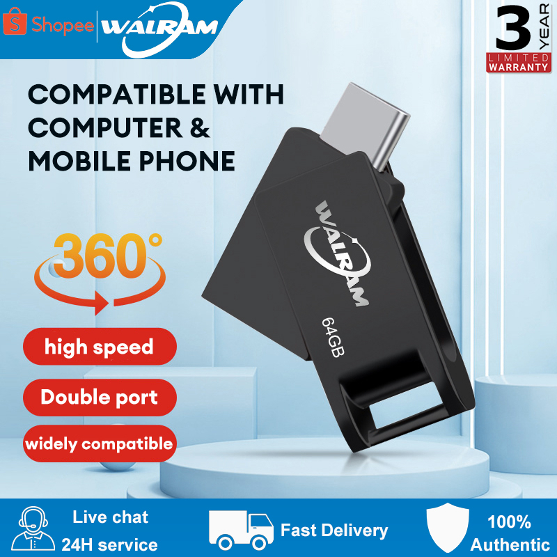WALRAM 128GB Type-C Flash Drive 2 in 1 32GB 64GB High Speed USB2.0 for ...