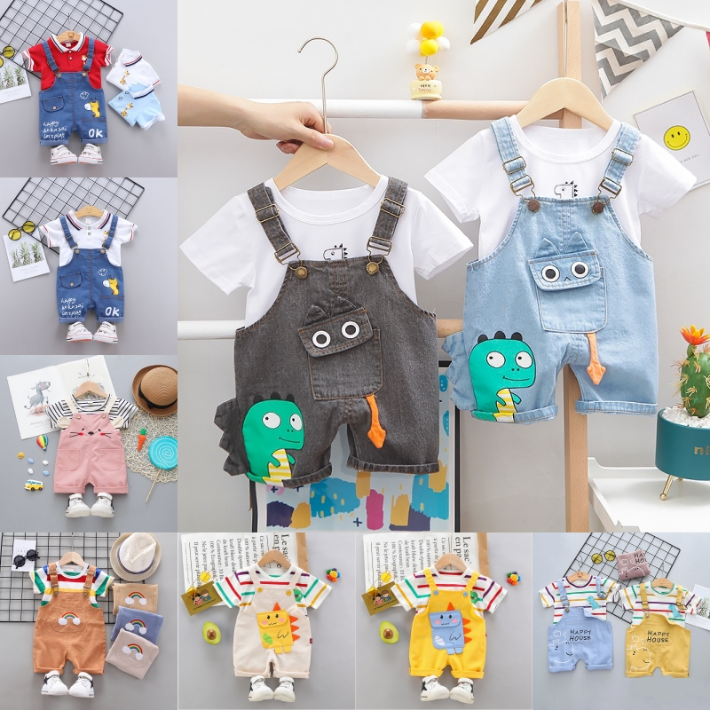 Two Piece Suit POLO shirt Boys Cartoon Cotton Short Cleeve + Suspenders ...