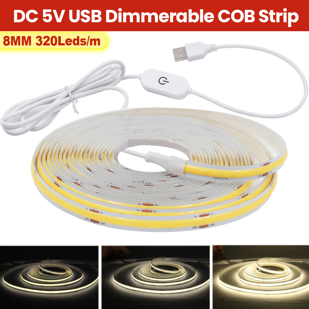 8MM COB LED Strip Dimmable 5V USB 320LEDs/m RA 90 High Bright Led Tape ...