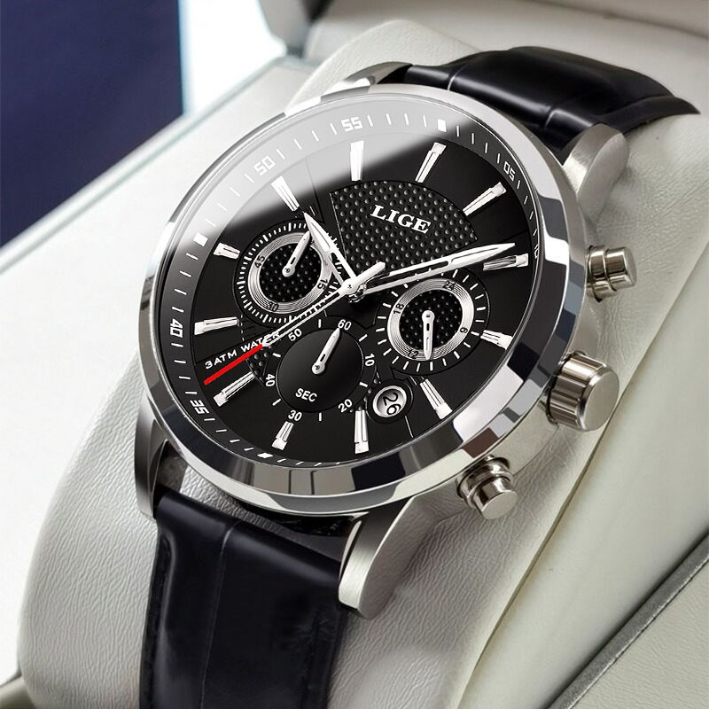 LIGE Fashion Waterproof Leather Strap Sports Chronograph Watch For Men ...