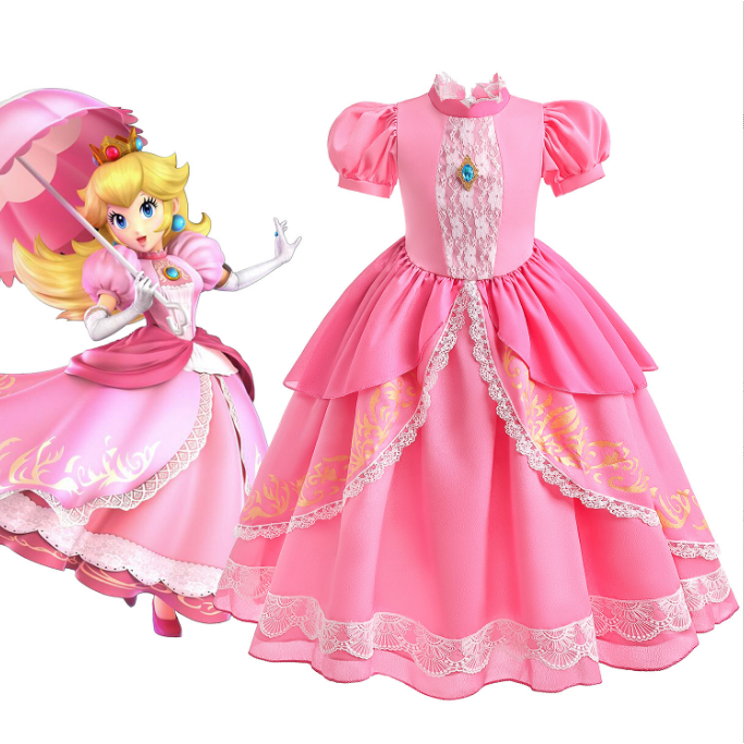Kids Girls Peach Princess Dress Cosplay Super Mario Brother Children ...
