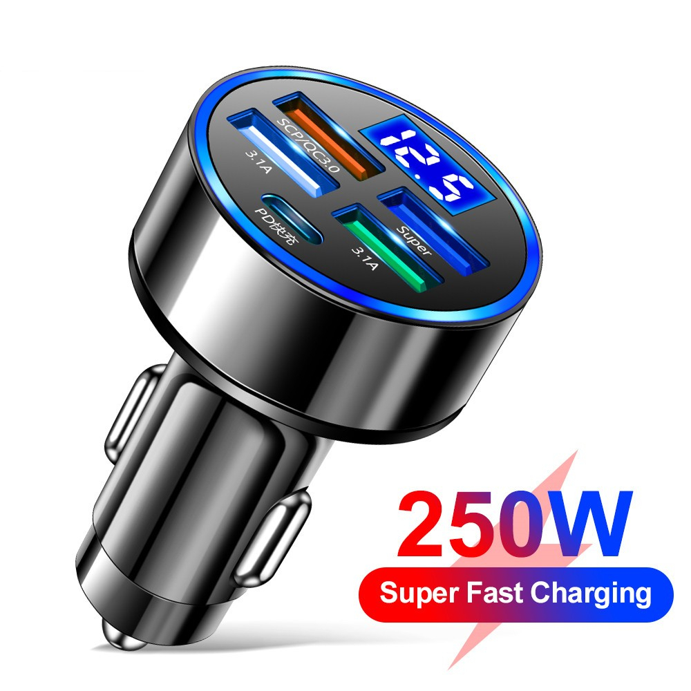 250W 5 Ports USB C Car Charger Quick Charge 3.0 Digital Display Mobile ...