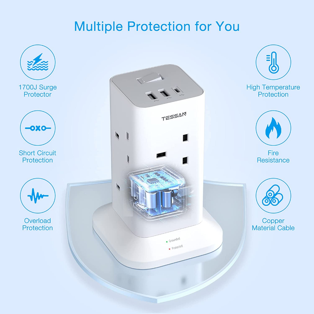 TESSAN Tower Extension Plug Tower Socket with USB+Type C, Surge ...