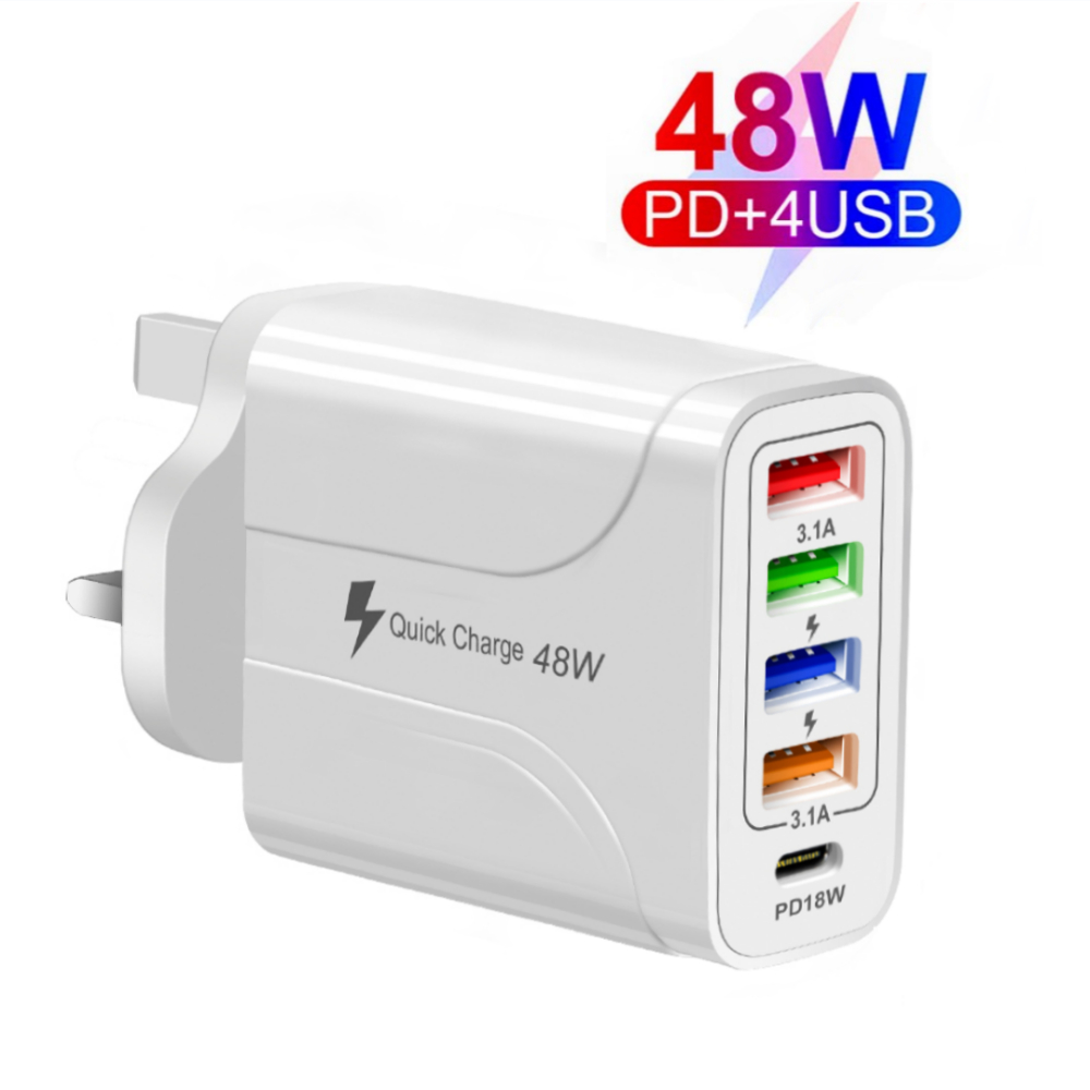 4U+TYPE-C 48W 5 Ports USB Charger PD Type C Charger Smart Fast Charging QC3.0 USB C Adapter ...