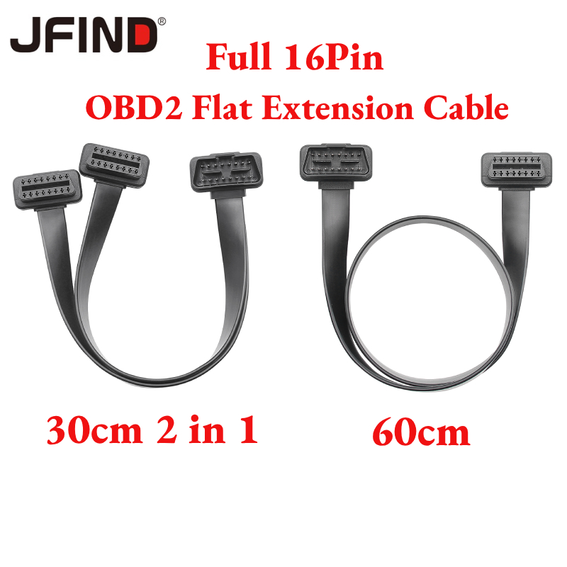 1 to 2 30/60cm Full 16Pin Male to Female ODB2 Car Converted Cable OBD2 16 Pin Flat Extension ...