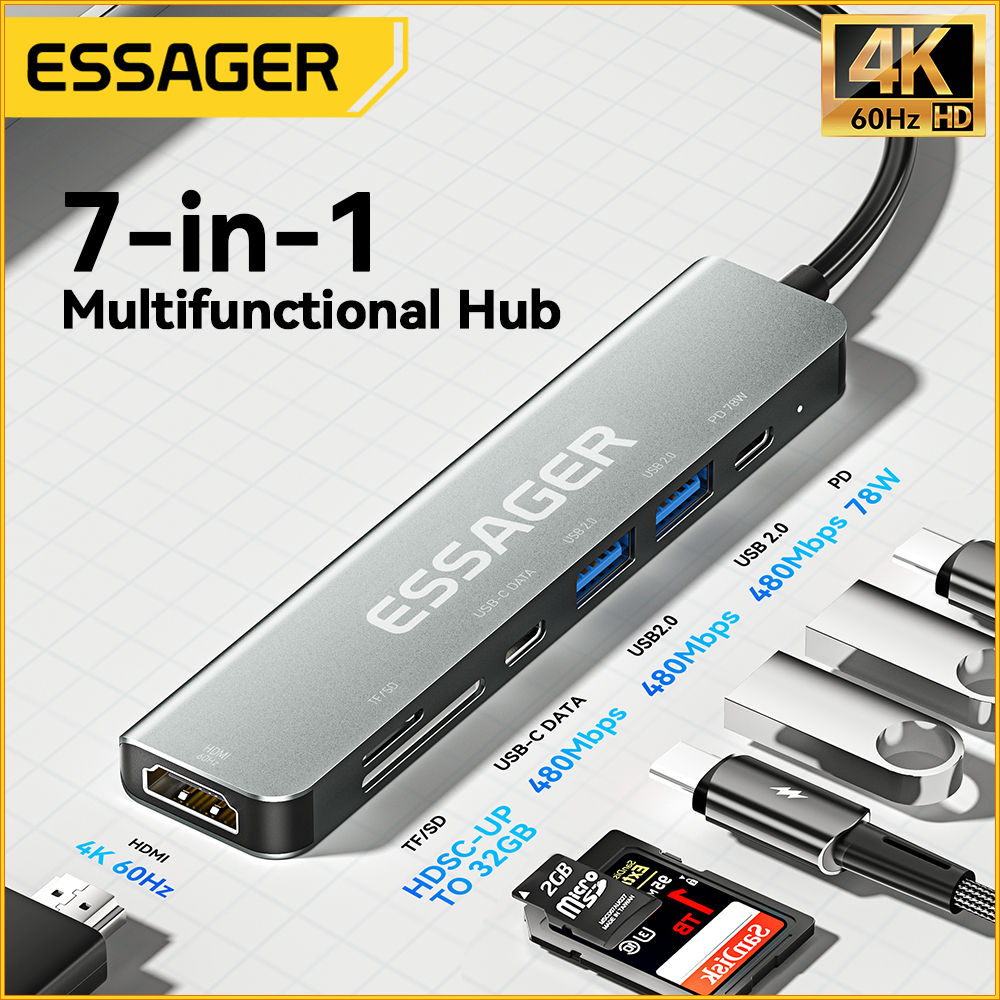 Essager 4K 60HZ USB HUB For laptop 78W Fast Charging OTG TF/SD card ...