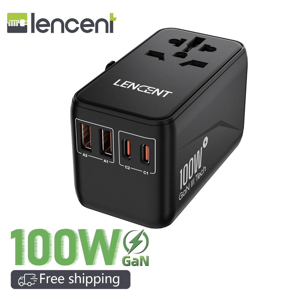 LENCENT GaN III 100W Universal Travel Adapter, International Charger with 2 USB Ports & 3 USB-C ...