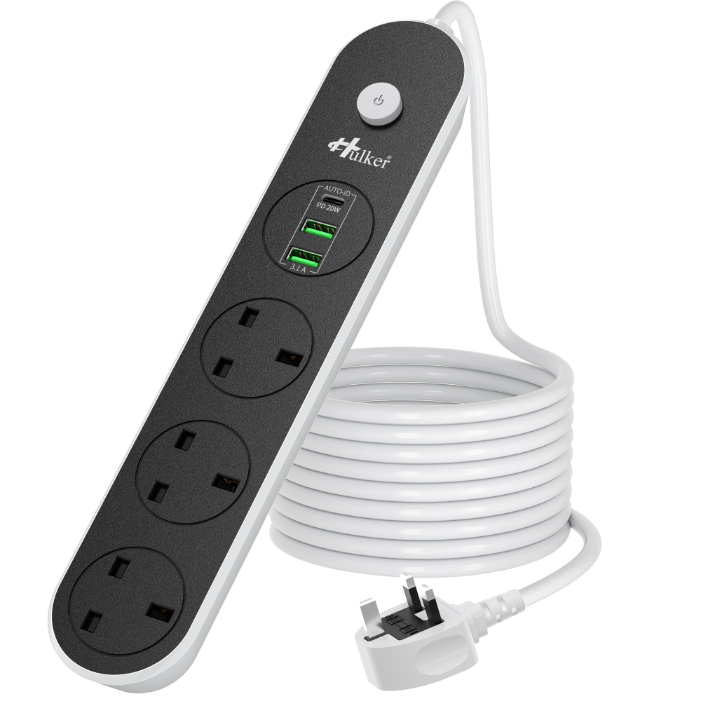 Extension Lead With USB C Port PD 20W, 3 Way Outlets (3250W 13A) Power ...