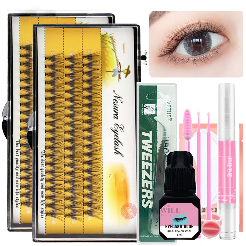 10D 60Pcs Human Hair Eyelash Extension Set With Glue 3D DIY False ...