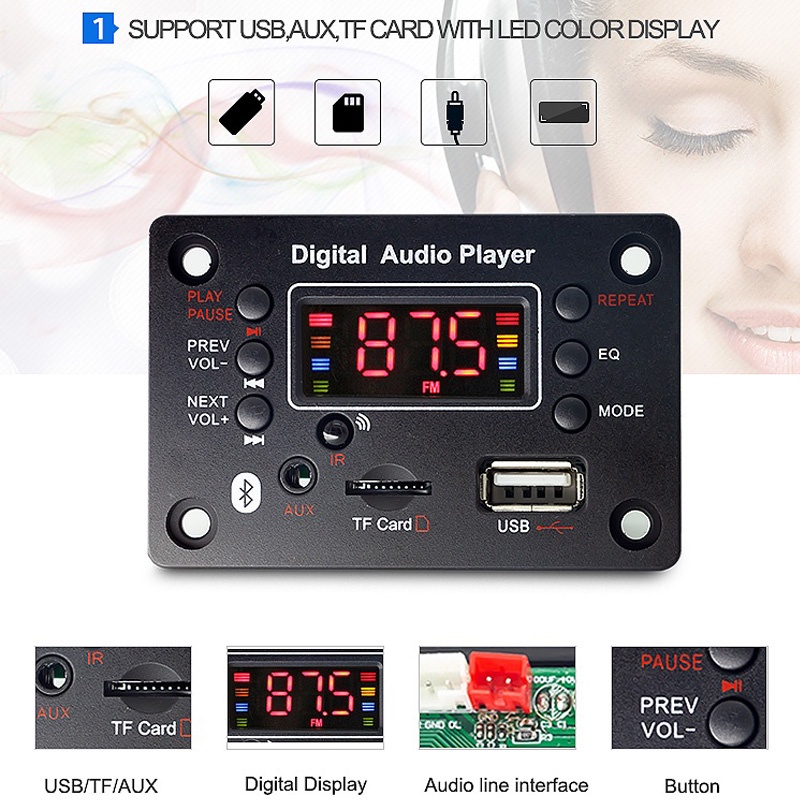 DC 5V 12V Bluetooth 5.0 MP3 WMA WAV APE Decoder Board Hands-free Car Audio Microphone USB TF FM ...