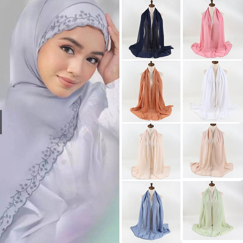 2 Edge Full Embroidery Shawl Sulam Plain // Chifoon Shawl Sulam Klasik ...