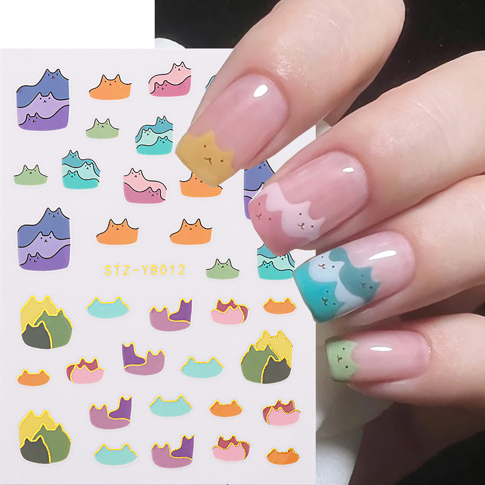 3D Cartoon Cats Nail Art Stickers Kawaii Animals Gold Lines Sliders For ...