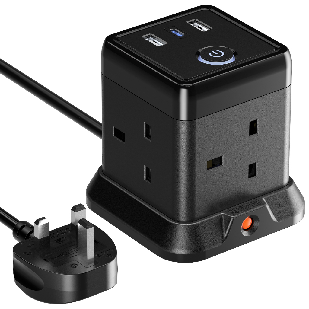 1.5M Cube Extension Lead with 2 USB A 1 USB CPlug Extension Socket with Switch 4 Way Power Strip ...