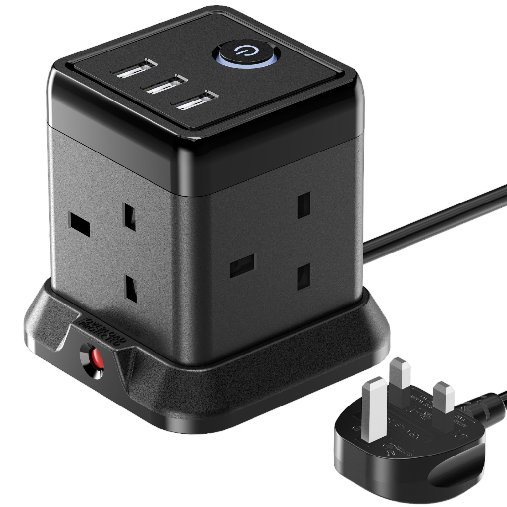 1.5M Cube Extension Lead with 3 USB Slots 4 Gang Plug Extension Socket ...