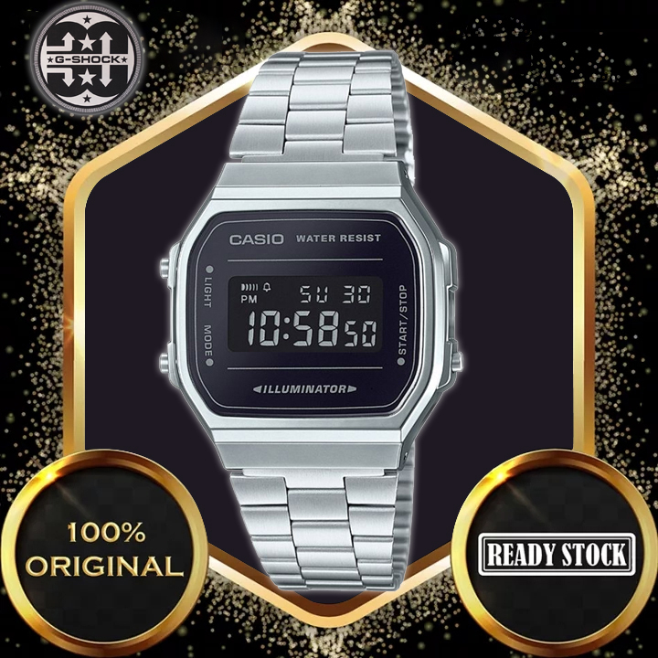 (2 Years Warranty) Jam Tangan Lelaki Casio Retro A168WEM-1 Digital Silver Stainless Steel Strap ...