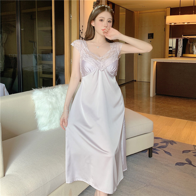 Summer Palace French Sexy Satin Nightdress Women's Lace Sleeping Dress Sleeveless Ice Silk Long ...