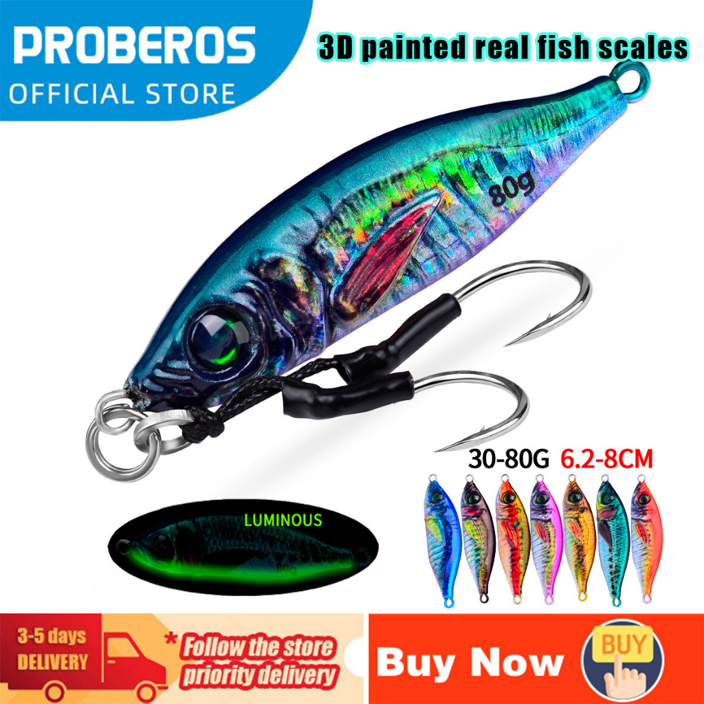 Proberos Fishing Jig Lure 30g 40g 60g 80g Umpan Mancing Fast Jigging Laut Metal Mikro Laser ...