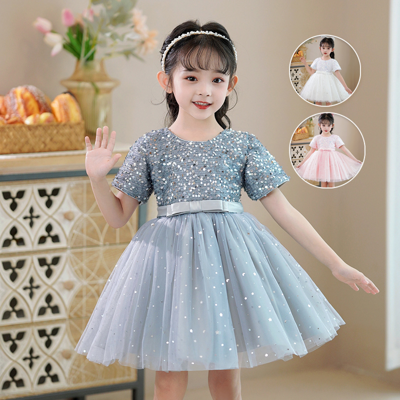 Flower Girl Dress Sequined Sleeve Fluffy Lace Gown Kid Short Dresses ...