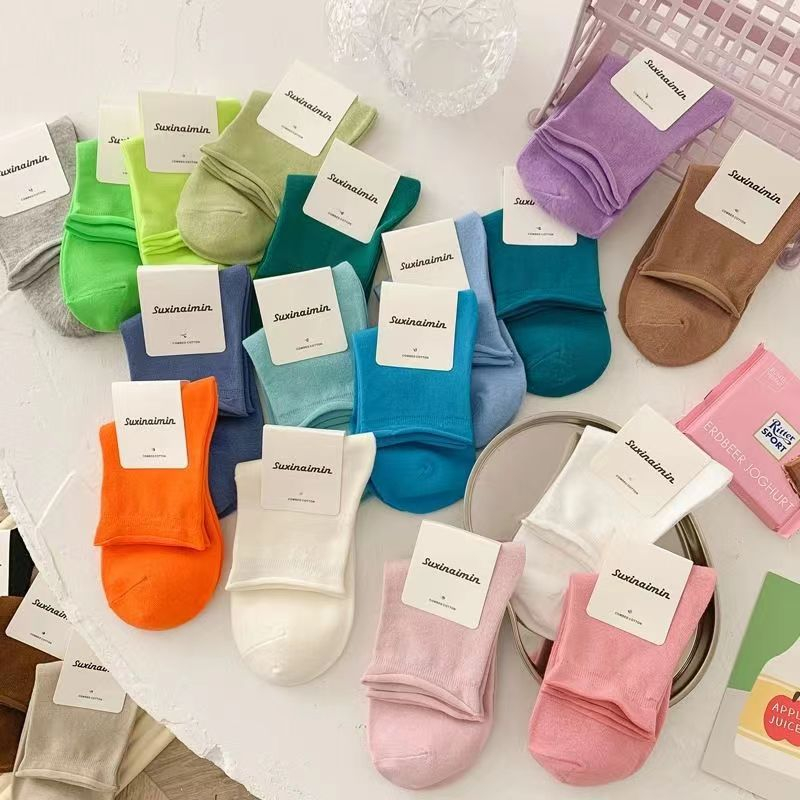 [READY STOCK]women socks Basic curling socks pure color socks ...