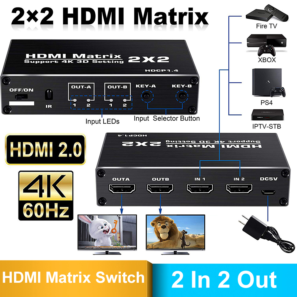 4K HDMI Splitter Switch 2 in 2 out Matrix Switcher for FireTV XBOX PS4 ...