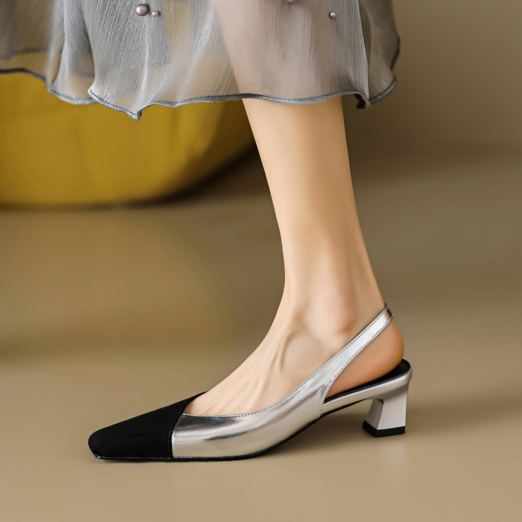 Pointed Toe Low Heels Color Matching Back Cutout Heels Women's Shoes ...