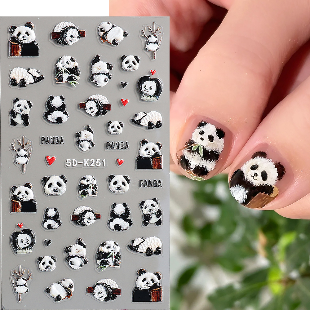 5D Cute Panda Nail Stickers Embossed Cartoon Animal Bamboo Love Heart ...