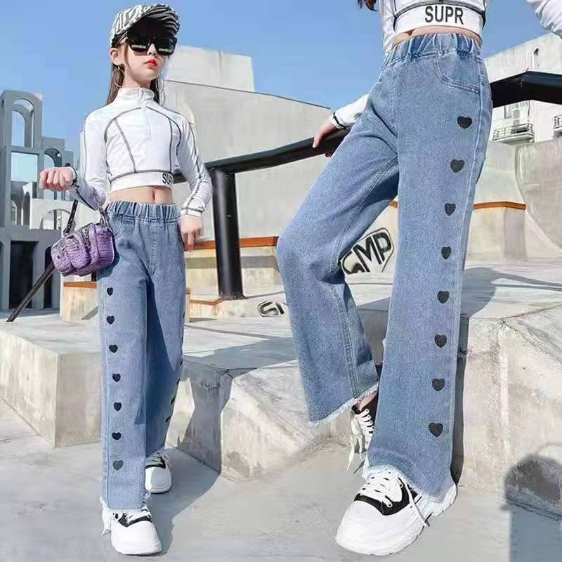 3-15Y Seluar denim pants kids girl love wide leg pants Jeans bowknot ...