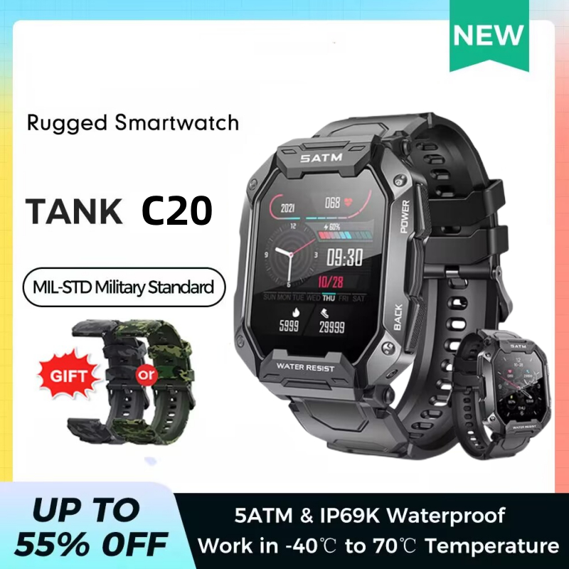 TANK C20 Smart Watch Men's IP68 5ATM Outdoor Sports Fitness Tracker 24H ...