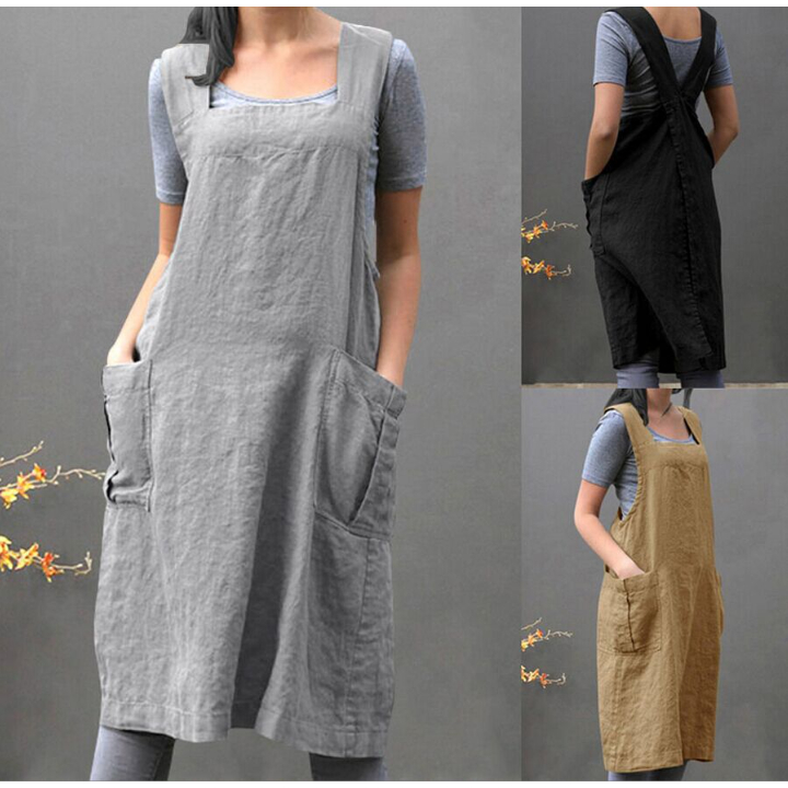 Ready Stock Women's cotton and linen apron long apron home clothes ...