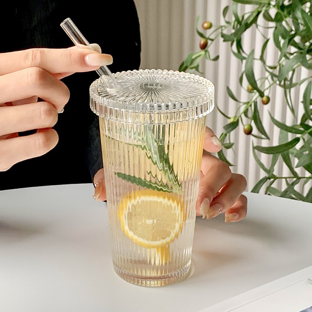 375ml Vertical Stripe Coffee Cup Ins Straw Glass with Lid Household ...