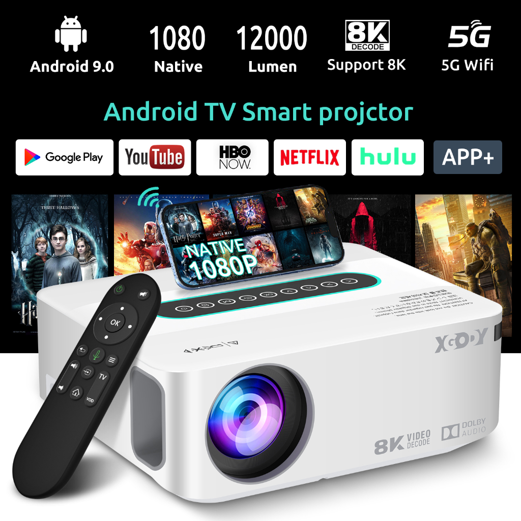 XGODY 5G WIFI Smart Projector Full HD Native 1080P 4K/8K Movie ...