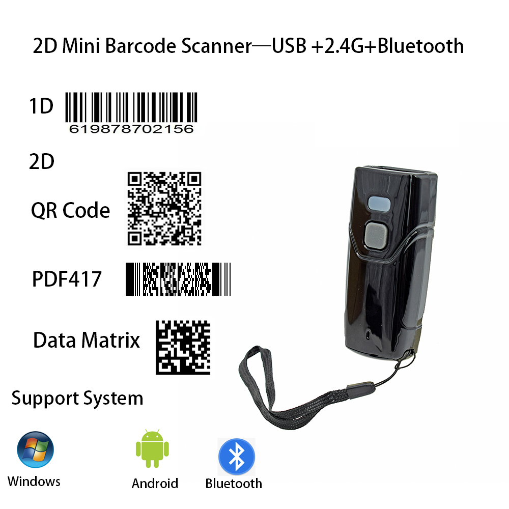 Protable USB 2.4G Bluetooth Mobile Wireless 1D 2D Mini Barcode Scanner ...