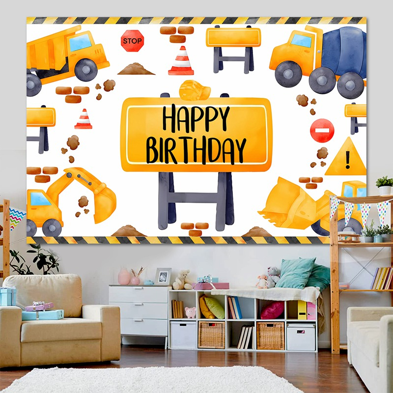 Engineering Vehicle Theme Happy Birthday Backdrop Polyester Banner ...