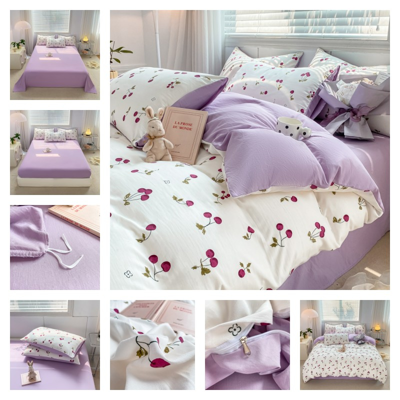 4 IN 1 Cherry Print Washed Cotton Double Yarn Bedding Set Quilt Cover ...