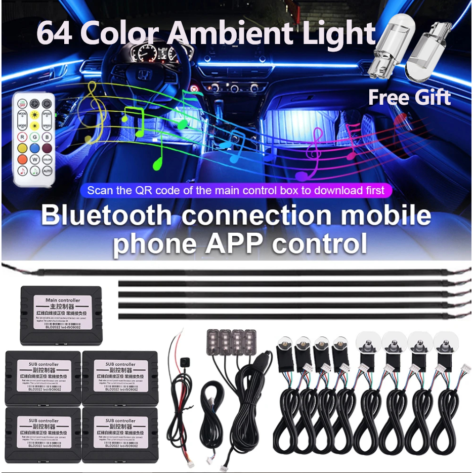 22 in 1 Car Ambient Lights 64 Color RGB LED Acrylic Fiber Optic Guide ...