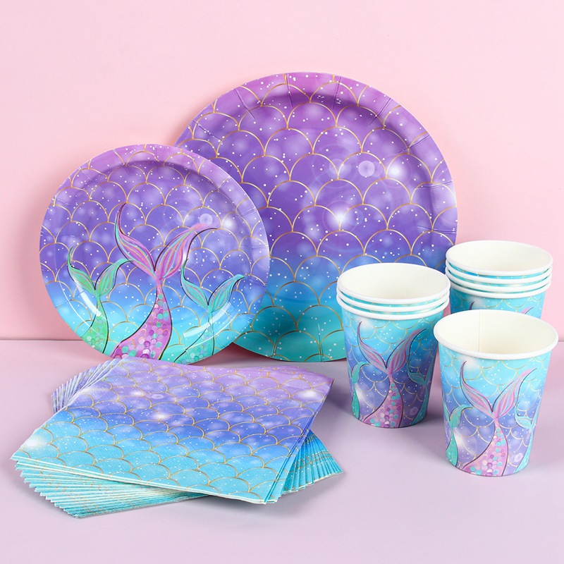 Little Mermaid Disposable Tableware Set Glitter Ariel Paper Plate Paper ...