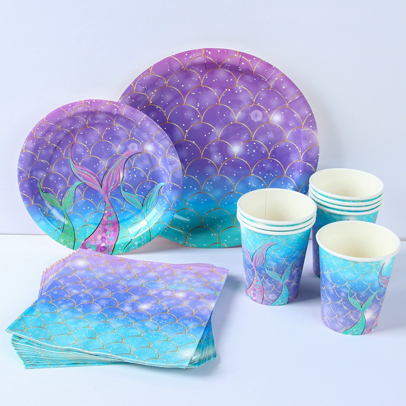 Mermaid Theme Disposable Tableware Set Glitter Mermaid Tail Paper Plate ...
