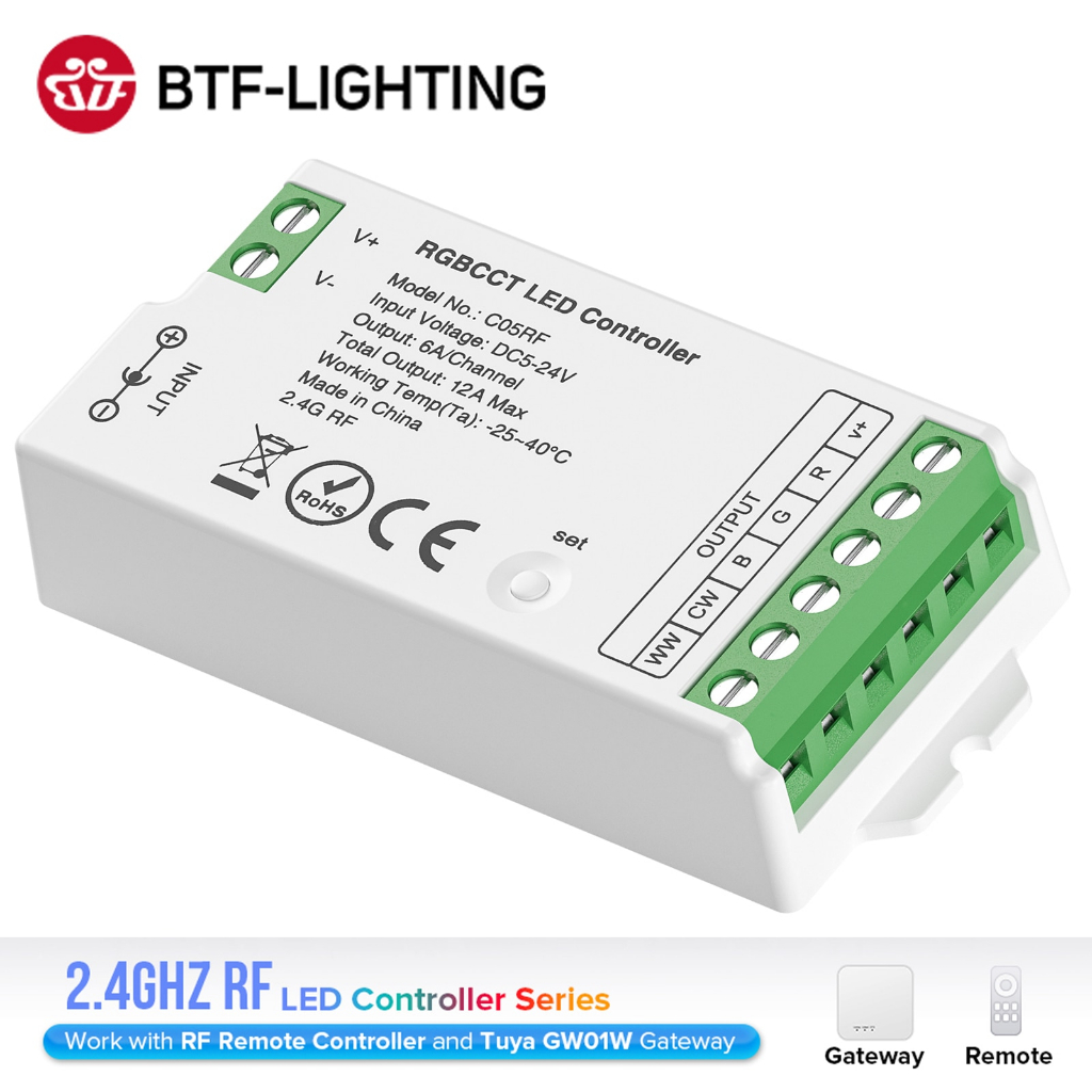BTF-LIGHTING C01RF-C05RF Mini 2.4GHz LED Light Strip Controller for 2pin DIM 3pin CCT 4pin RGB ...