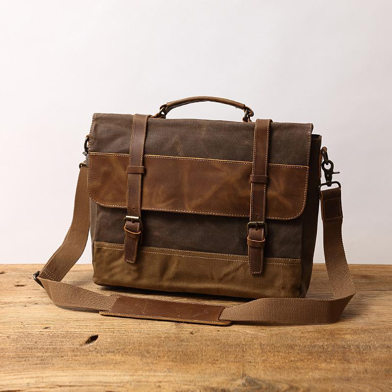 Genuine Leather Man Bag Retro Briefcase Canvas Messenger Bag Men's ...