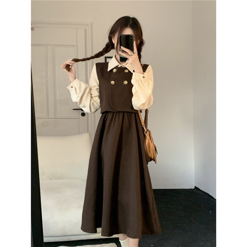 French Retro Long-Sleeved Dress Women's Clothing Fake Two-Piece Long ...