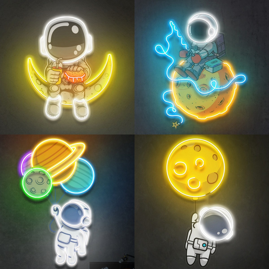 Astronaut Spacecraft Neon Signs for Wall Decor, UV Print Spaceman LED ...