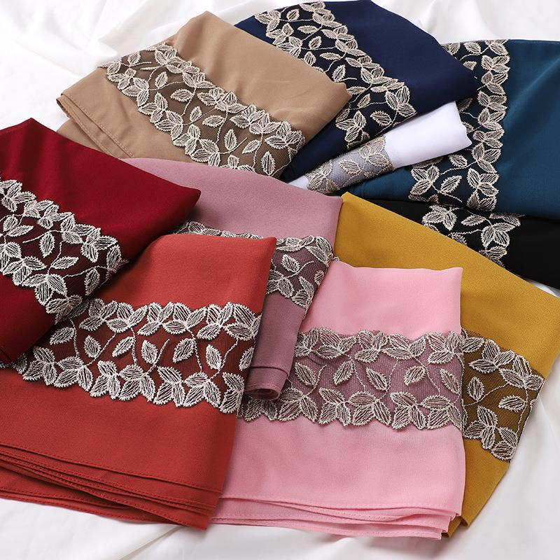 Jifang Plain Bubble Chiffon Pashmina Shawl with Embroidery Leaves Lace ...