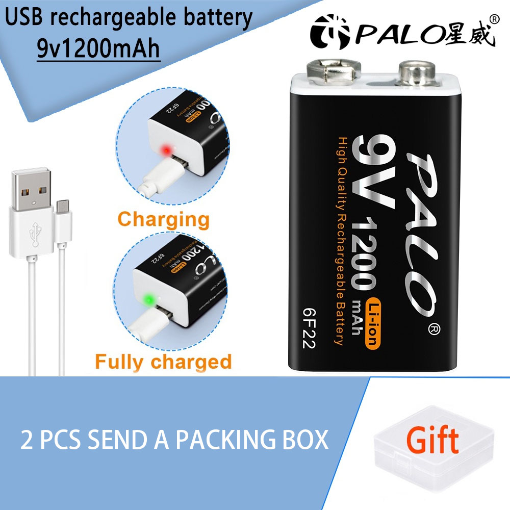 PALO⚡2PCS 9v battery 1200mAh Rechargeable Battery LI-ION 9 Volt 6F22 ...