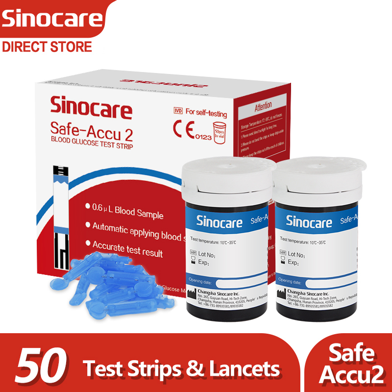 Sinocare Safe-Accu2 Blood Glucose Test Strips 50 Pcs and 50 Pcs Lancets ...