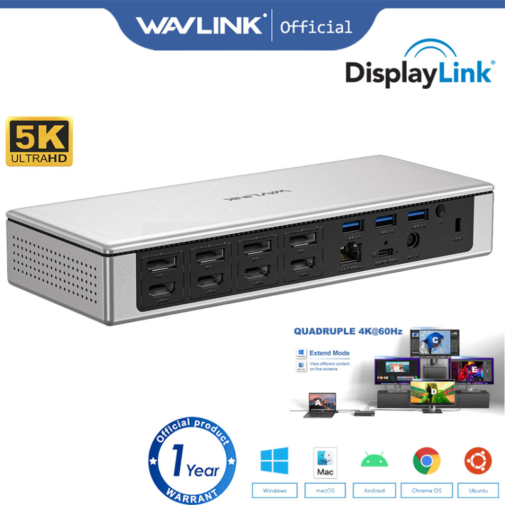 WAVLINK DisplayLink Docking Station Quad Monitors 5K USB C/USB A Laptop ...