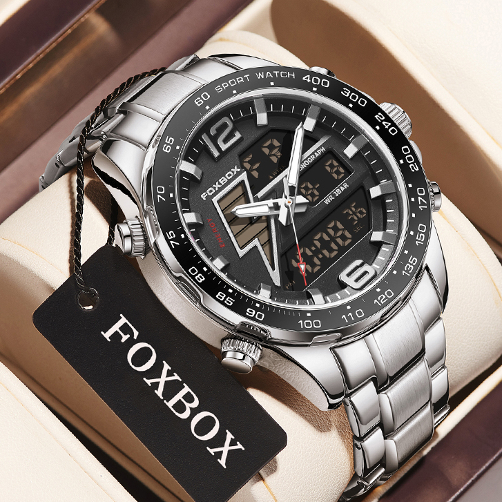 FOXBOX Watch For Men Original Quartz Waterproof Multifunction Double ...