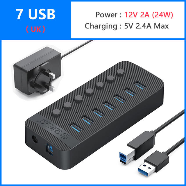 ORICO USB Hub with Power Adapter USB3.0 HUB 7Ports ABS USB OTG Splitter ...