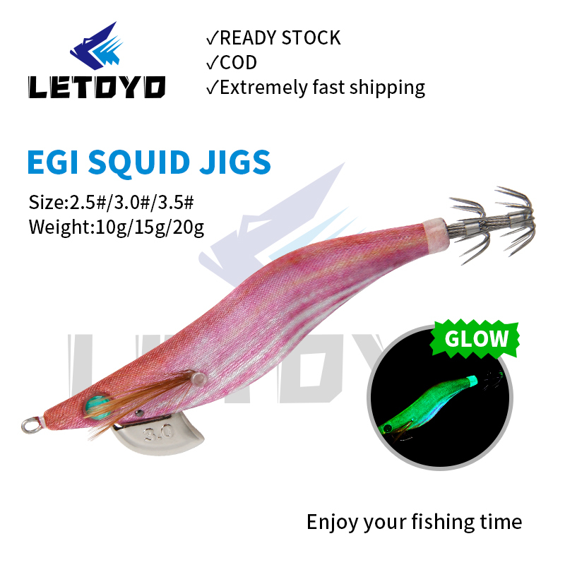 LETOYO 6colors Squid Jigs 2.5# 3.0# 3.5# Luminous Wooden Egi Shrimp with Squid Hook squid lure ...