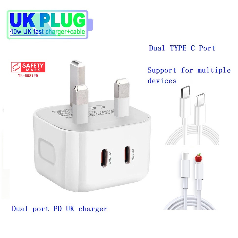 40W UK Plug Dual PD Fast Charging Charger 40W Dual Type-C Fast Charging ...