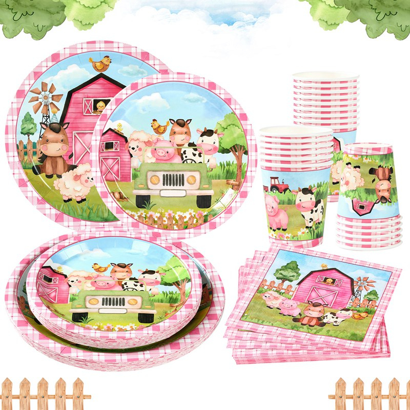 Pink Farm Animals Theme Tableware Set Disposable Cups Paper Plate ...